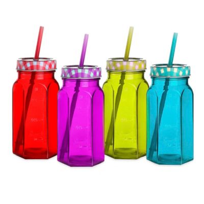 Style Setter Soho Gingham Colored Glass Jar with Lid and Straw (Set of ...