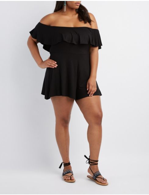 Plus Size Ruffle Off The Shoulder Romper Charlotte Russe