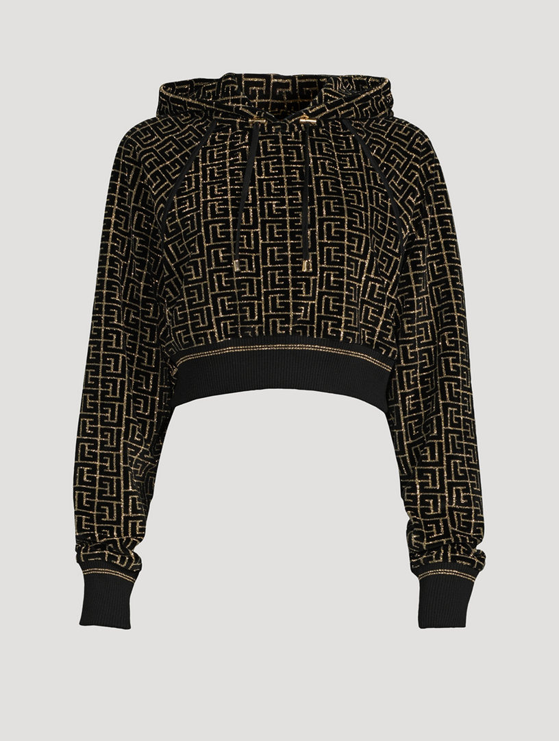 BALMAIN Monogram Velvet Jacquard Cropped Hoodie | Holt Renfrew Canada