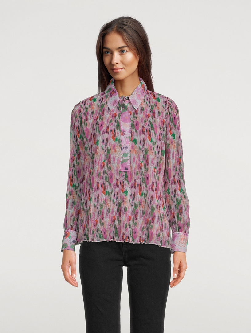 GANNI Pleated Georgette Blouse In Floral Print | Holt Renfrew Canada