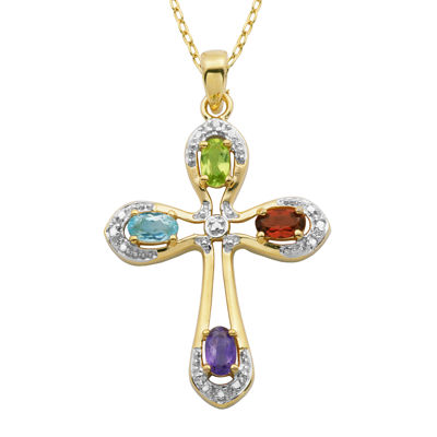 Two Tone 18K Gold & Sterling Silver Multi Stone Cross Pendant