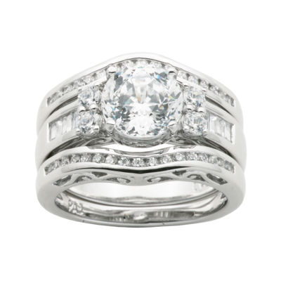 100 Facets by DiamonArt® Cubic Zirconia Sterling Silver 3-Ring Bridal ...