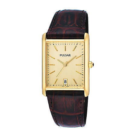 Pulsar Mens Gold-tone Brown Leather Strap Watch | Mycast