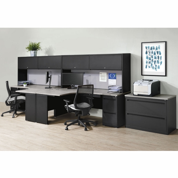 Carbon Two Person Workstation with Hutch and File Black Gray Maple Workstation Desk File Storage Solution Tack Board