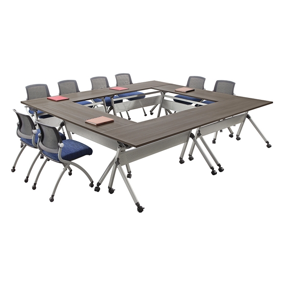 at Work Set of Six Flip Top Training Tables 60 W x 24 D Espresso Laminate Top Brushed Nickel Steel Leg with Modesty Panel and Locking Casters