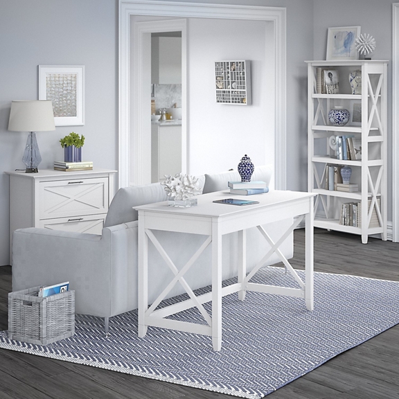 Bush Furniture Key West 48W Writing Desk with 2 Drawer Lateral File Cabinet and 5 Shelf Bookcase Pure White Oak