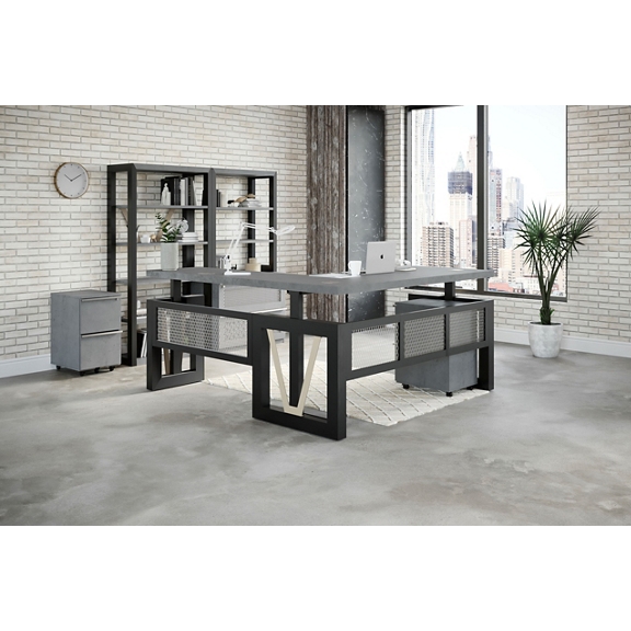 District Height Adjustable L Shaped Desk Set Electric Standing Desk Corner Ergonomic Desk Southern Walnut Laminate Perfect for Modern Office Spaces