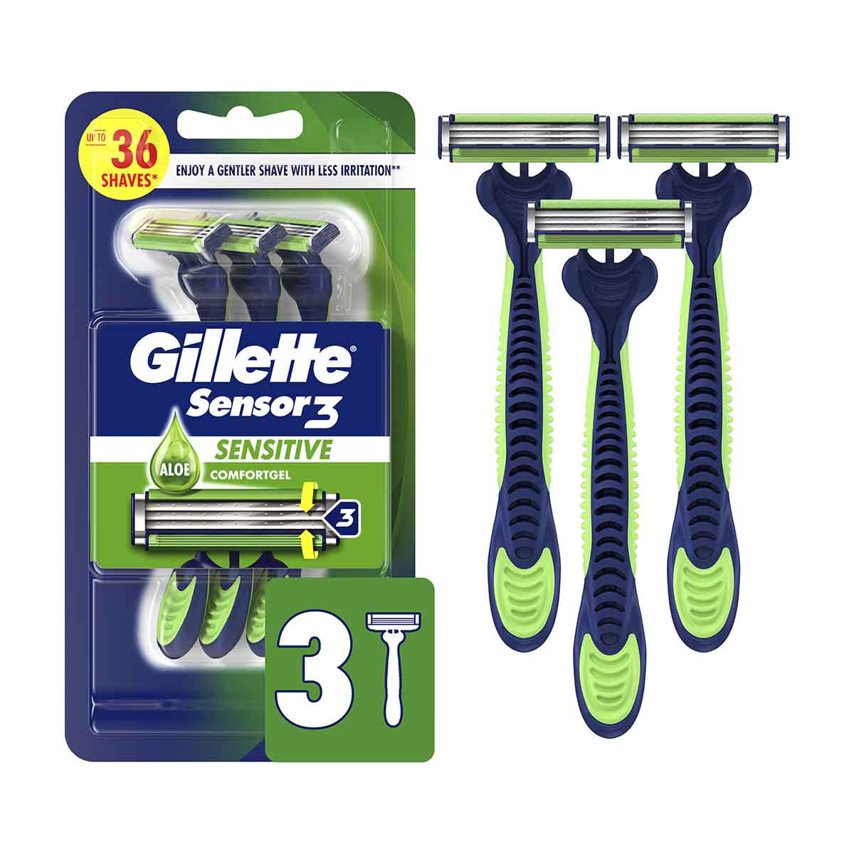 Buy Gillette Sensor3 Sensitive 3 Bladed Disposable Razors with Aloe, 3 ...