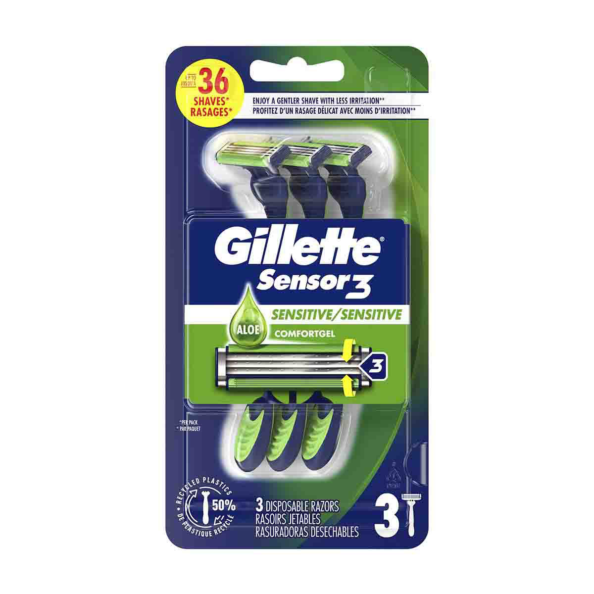 Buy Gillette Sensor3 Sensitive 3 Bladed Disposable Razors with Aloe, 3 ...