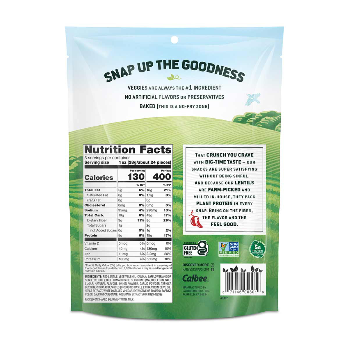 Harvest Snaps Tomato Basil Baked Red Lentil Snacks, 3 oz