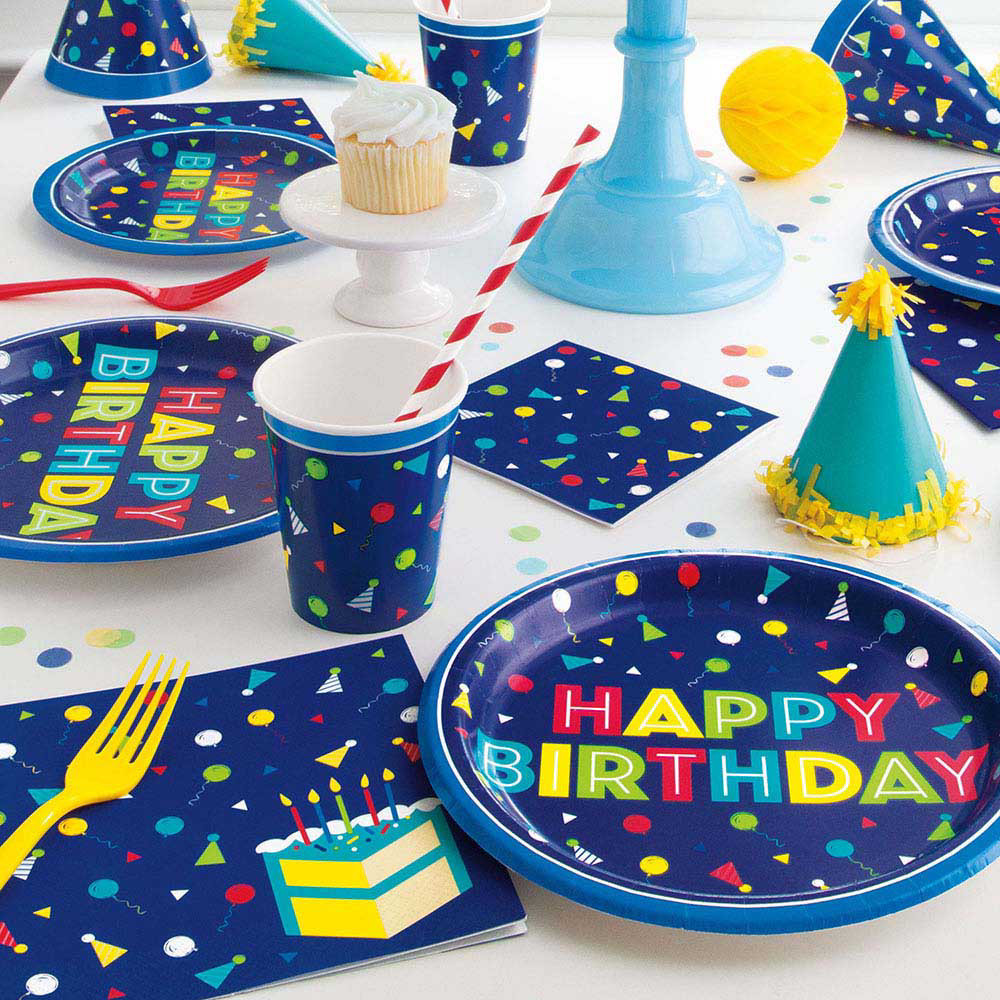 9" Blue Happy Birthday Party Plates, 8 Count