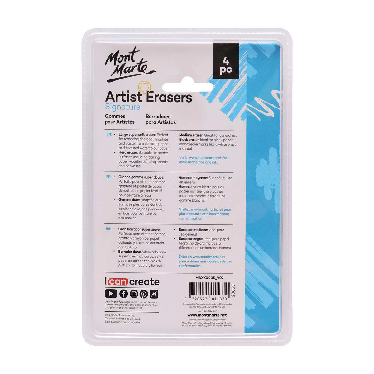 Mont Marte Artists Eraser Pack, 4 Pieces