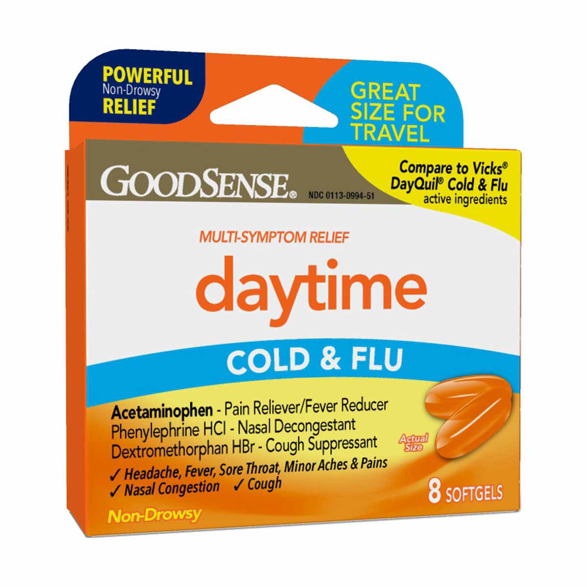GoodSense Daytime Cold & Flu Multi-Symptom Softgels, 8 Count
