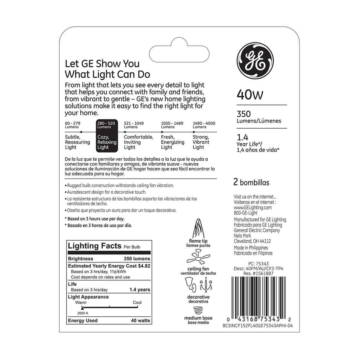 GE 40w Auradescent Flame Bulb, 2 Pack