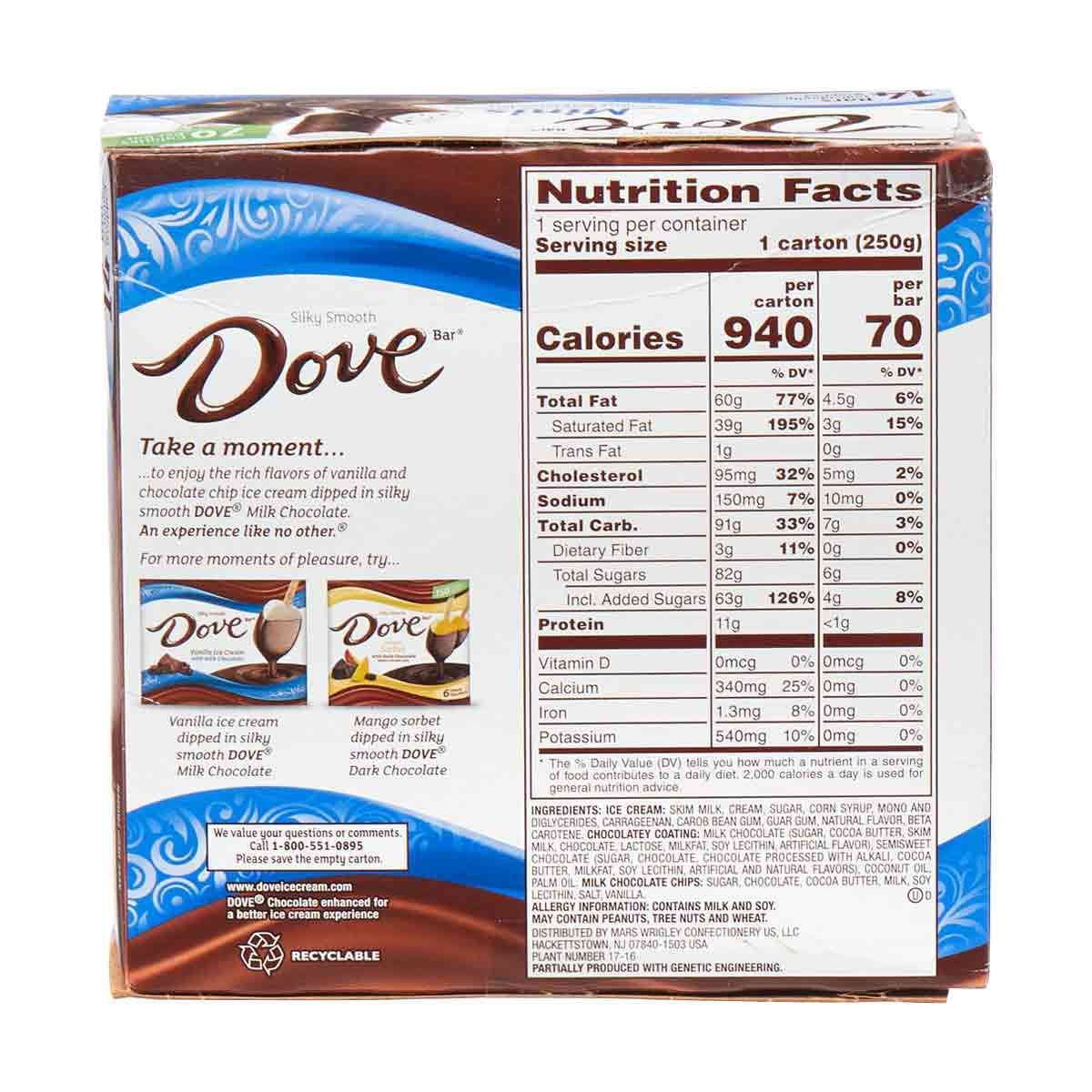 Dove Minis Vanilla & Chocolate Chip Ice Cream Bars Variety Mix, 10.50 ...