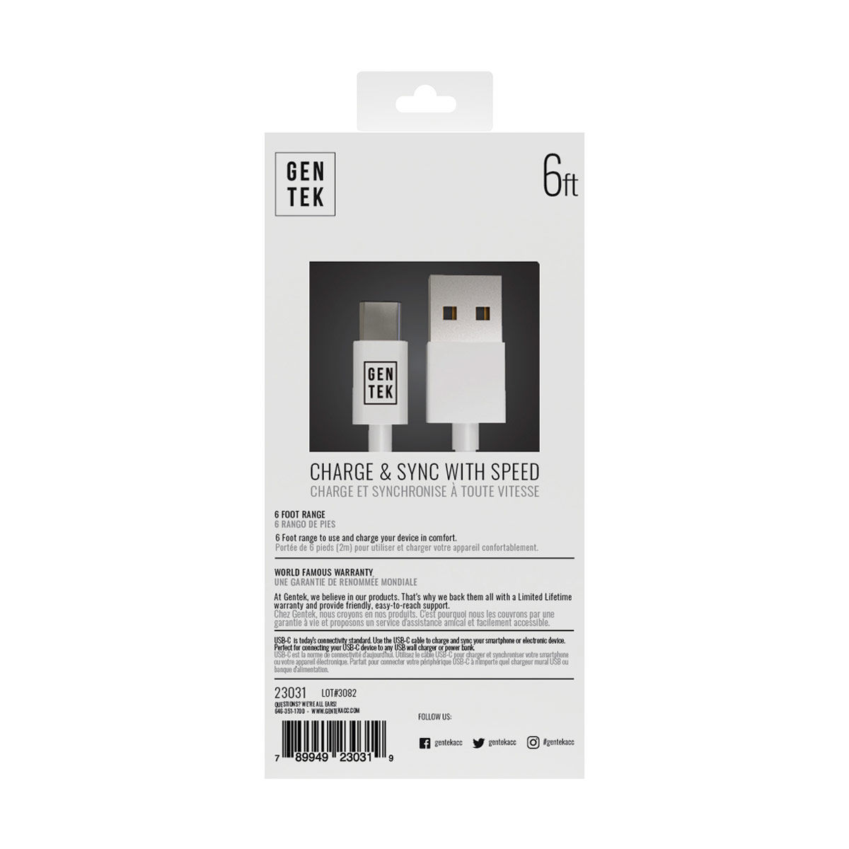 GENTEK White High Speed Type C Charging Cable, 6 ft.