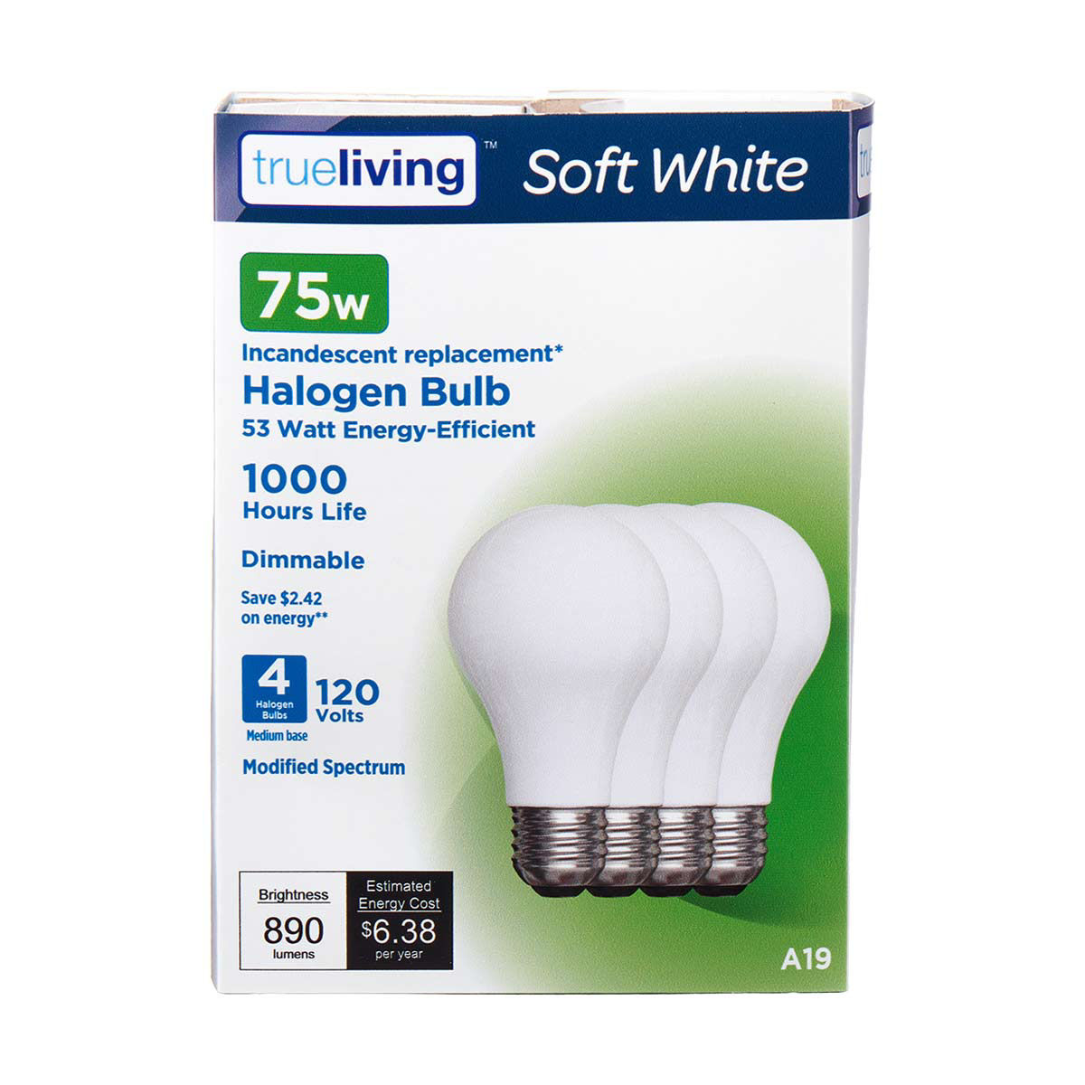Trueliving 75W Soft White Halogen, 4 Pack