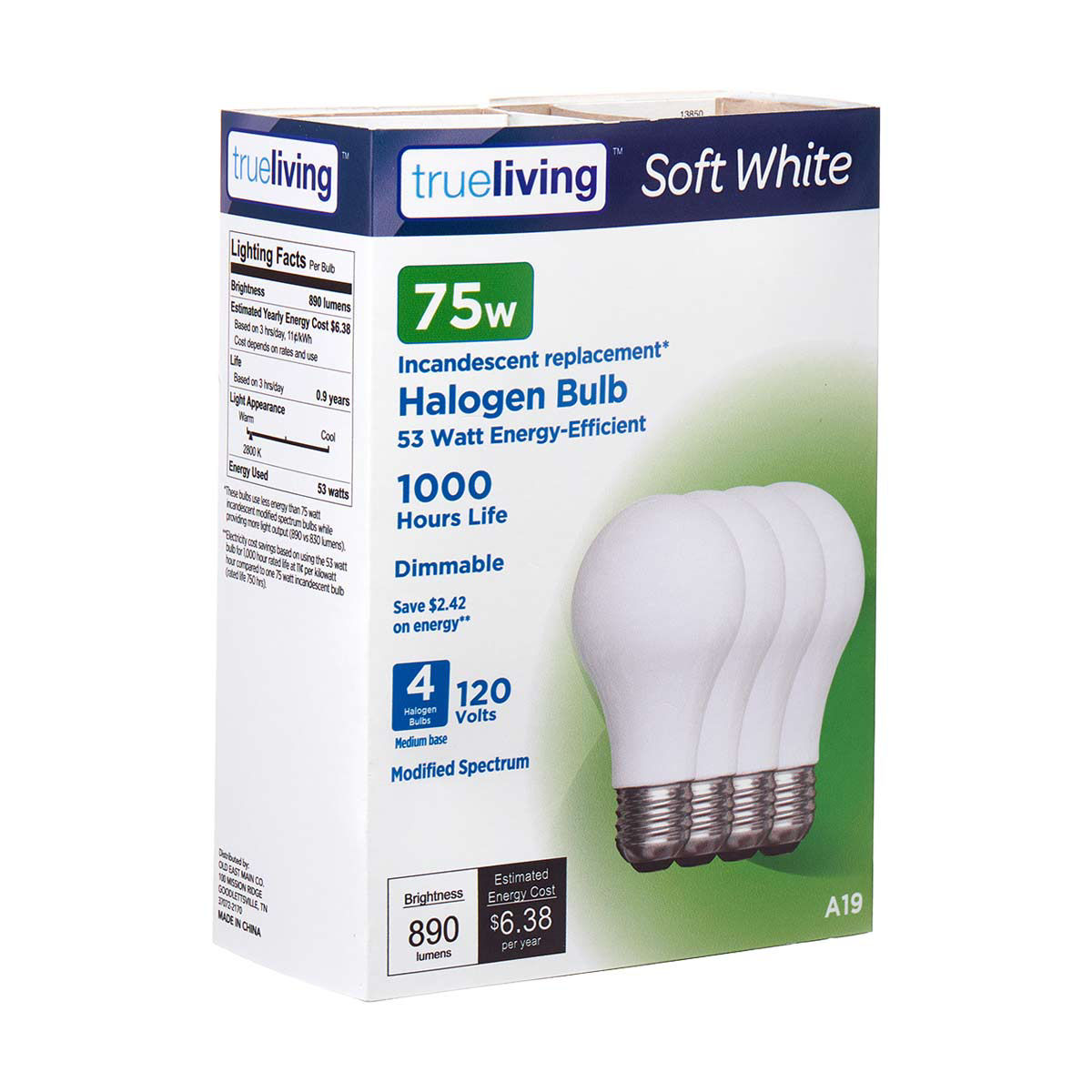 Trueliving 75W Soft White Halogen, 4 Pack