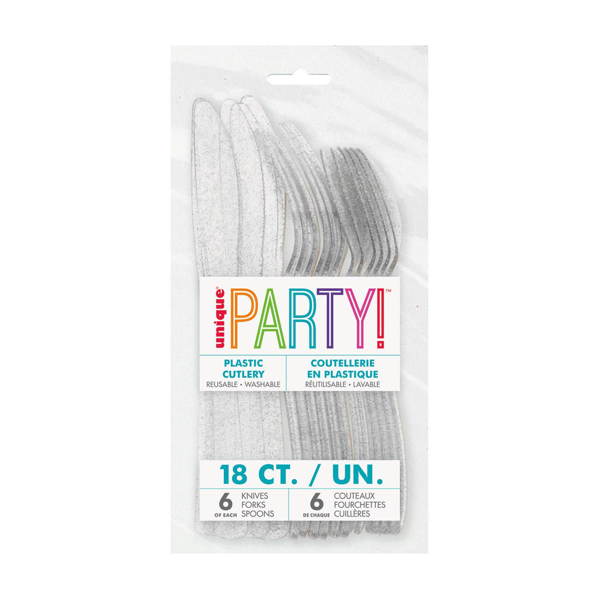 Unique Party! Silver Glitter Plastic Cutlery Set, 18 ct