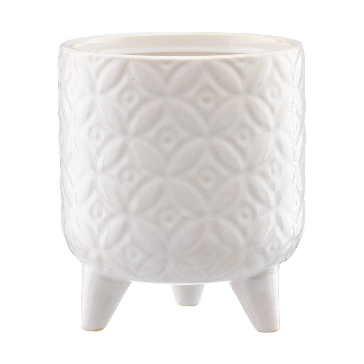 White Ceramic Geometric Textured Pot with Legs