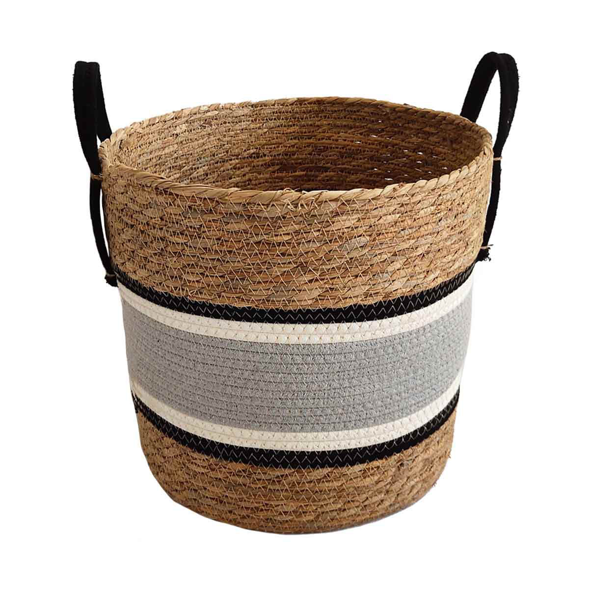 Round Woven Maize Basket with Black and Gray Stripes, Large