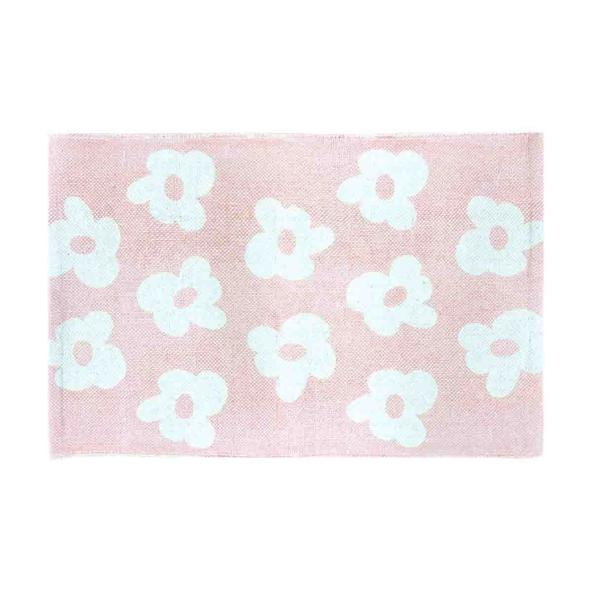 Pink Scatter Rug with White Flower Design