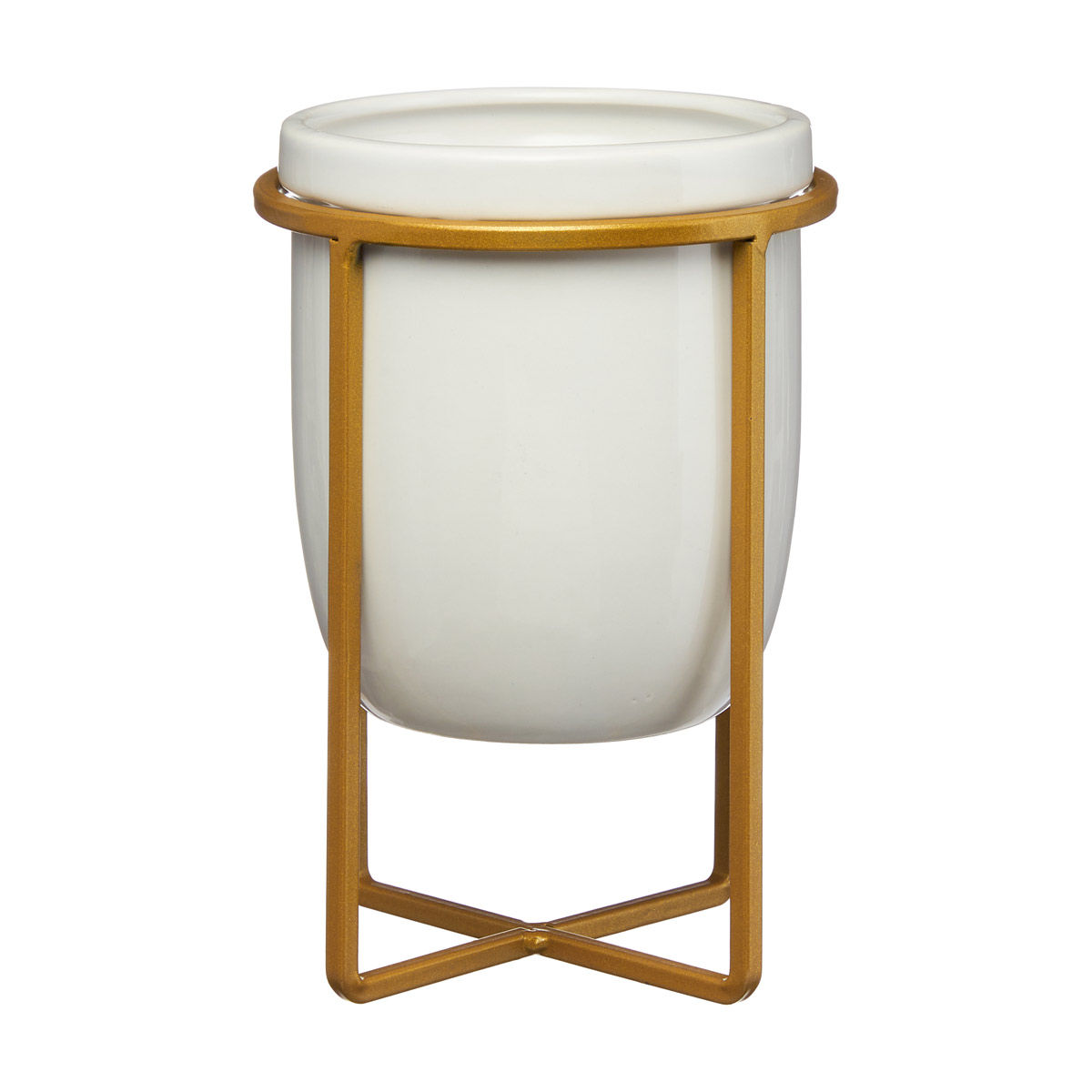 White Ceramic Planter with Golden Metallic Stand
