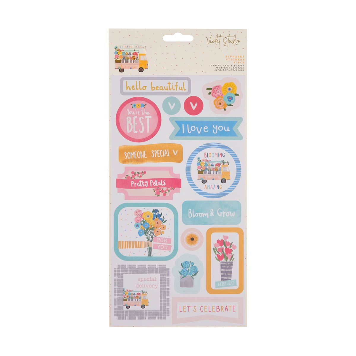 Violet Studio Rainbow Blooms Sentiment Alphabet Stickers, 97 Pieces