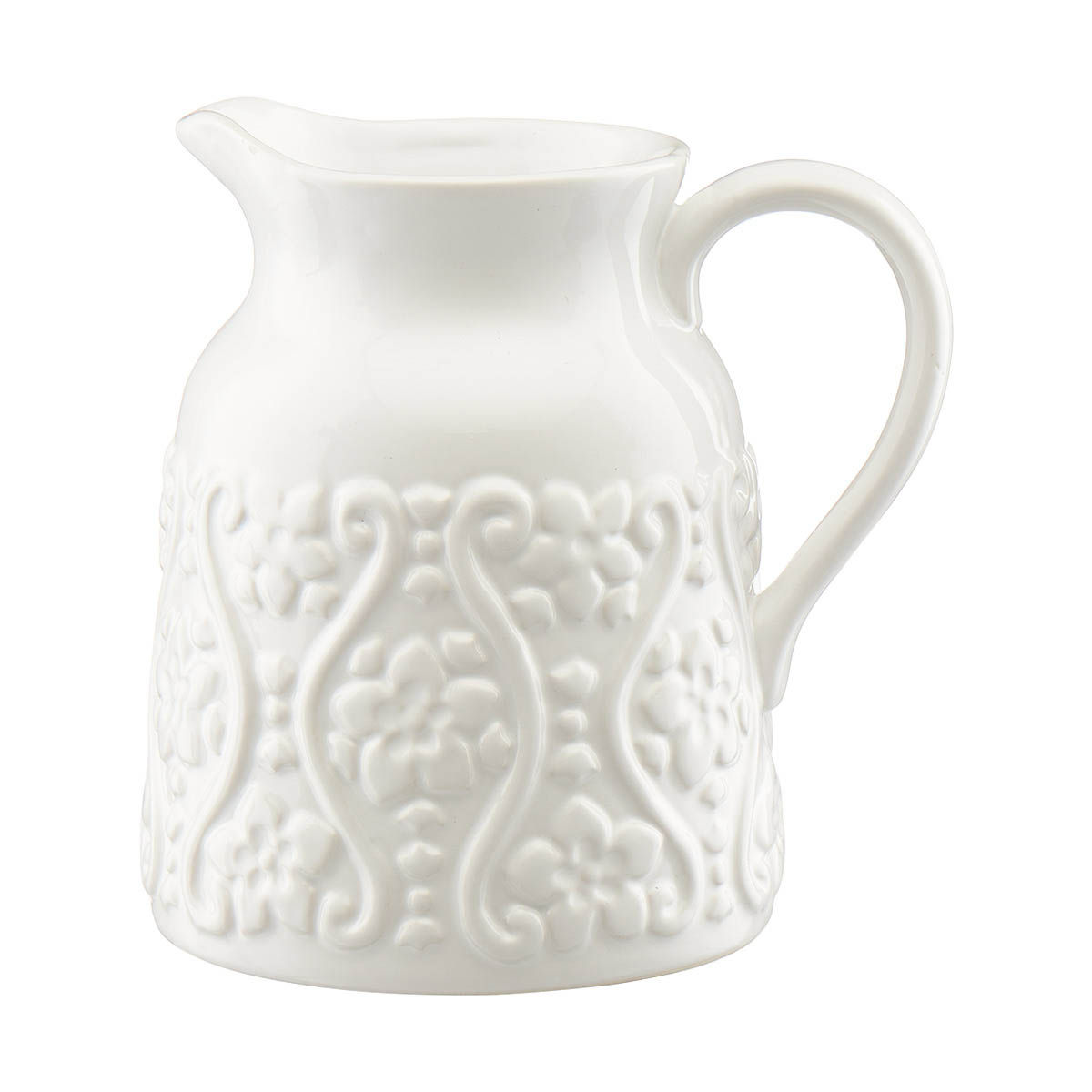 White Porcelain Embossed Floral Pitcher with Handle