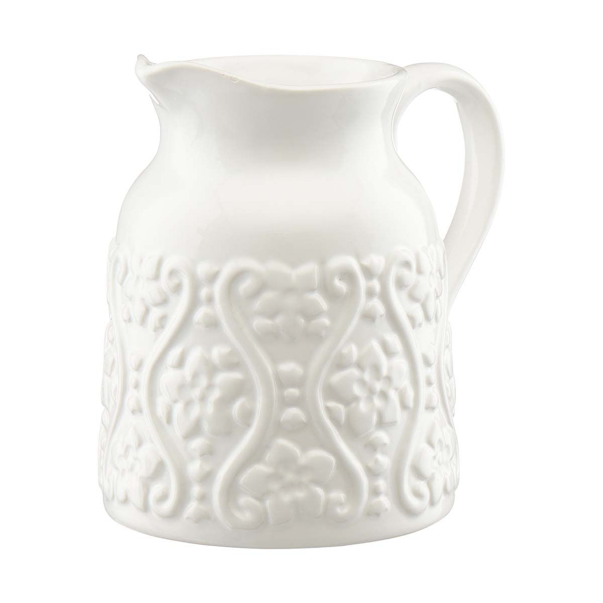 White Porcelain Embossed Floral Pitcher with Handle