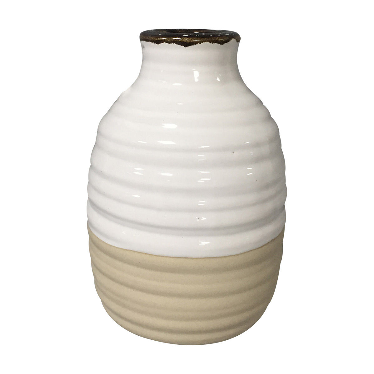 Round Porcelain Vase, White & Tan