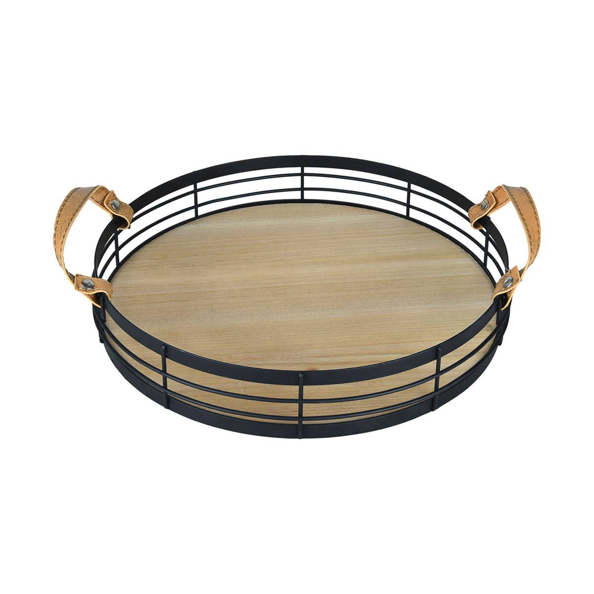 Decorative Wooden & Metal Tray with Handles, Black, Circle