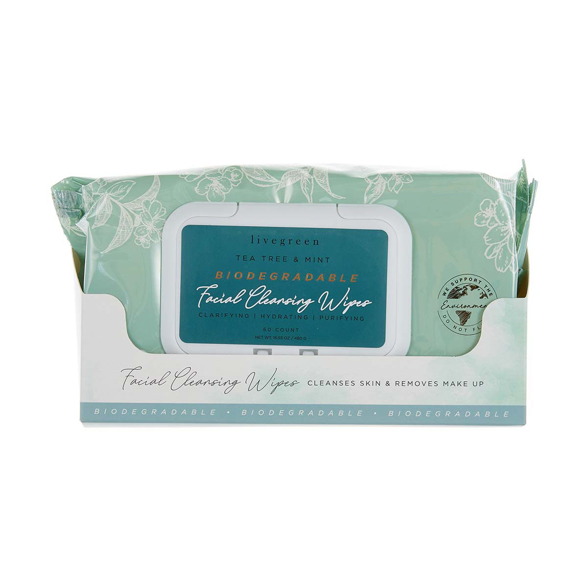 Livegreen Tea Tree & Mint Biodegradable Facial Cleansing Wipes, 60 Count