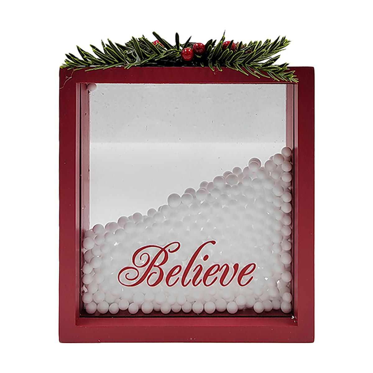 Red 'Believe' Christmas Snow Box with Artificial Leaves & Berries