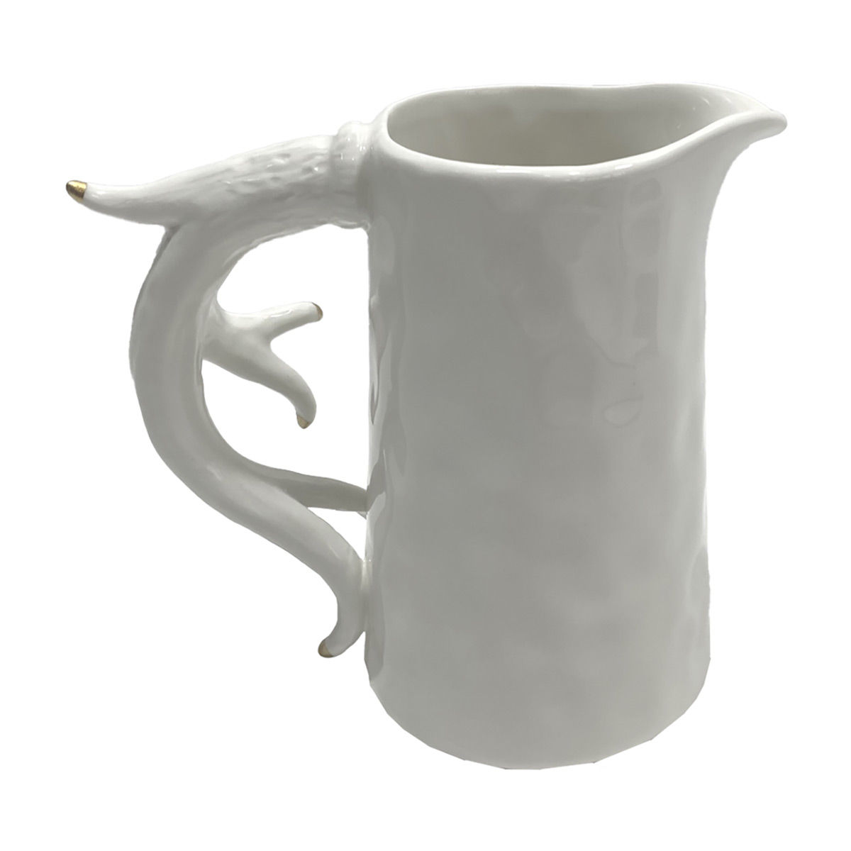 Rustic Ceramic Pitcher with Antler Handle, White