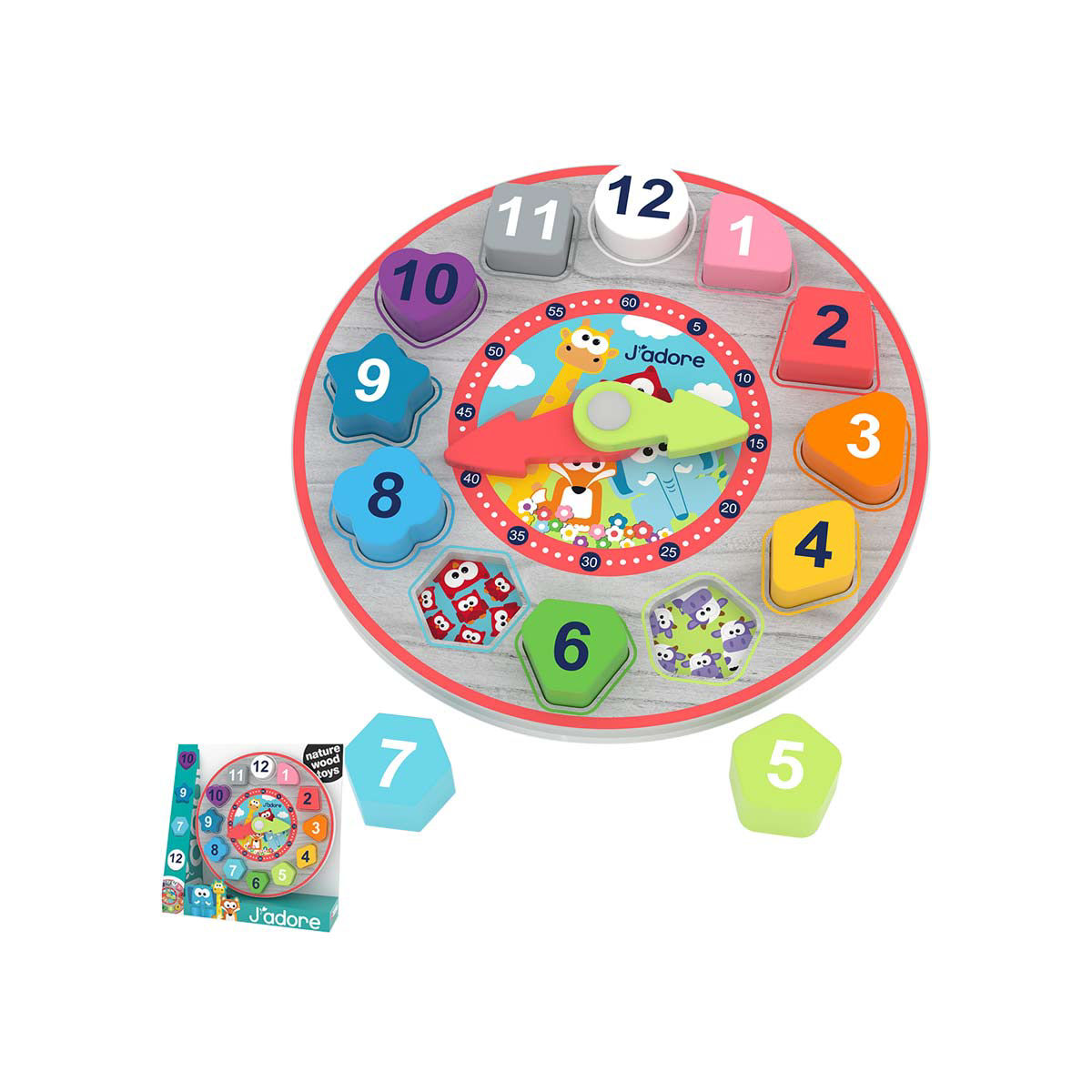 J'adore Wooden Clock Shape Sorter Set