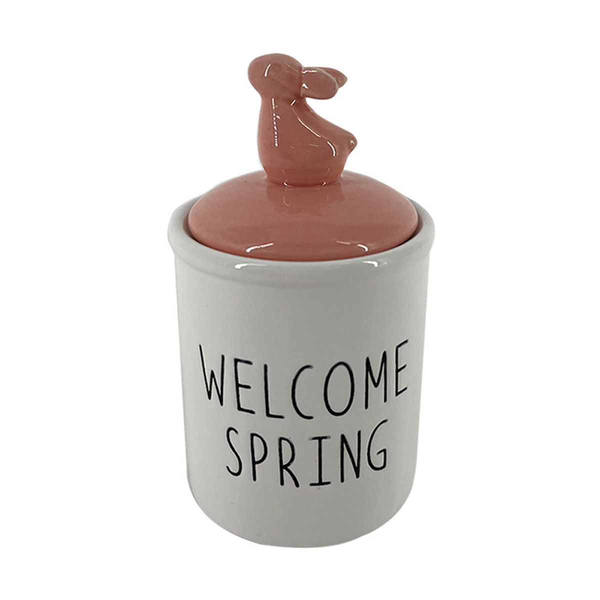 'Welcome Spring' Ceramic Canister with Pink Bunny Lid