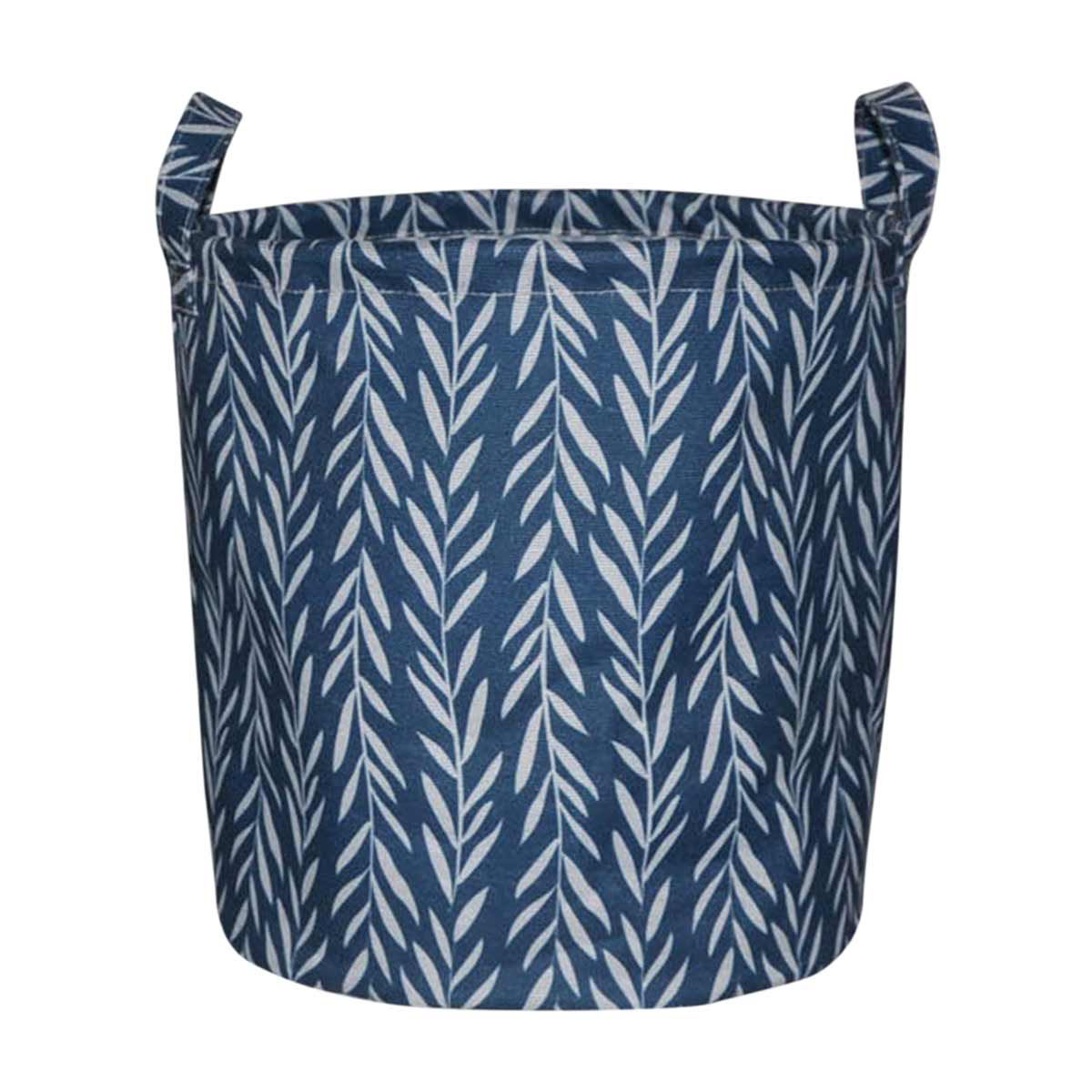 Navy Blue Leaf Printed Round Storage Basket with Handles, Large
