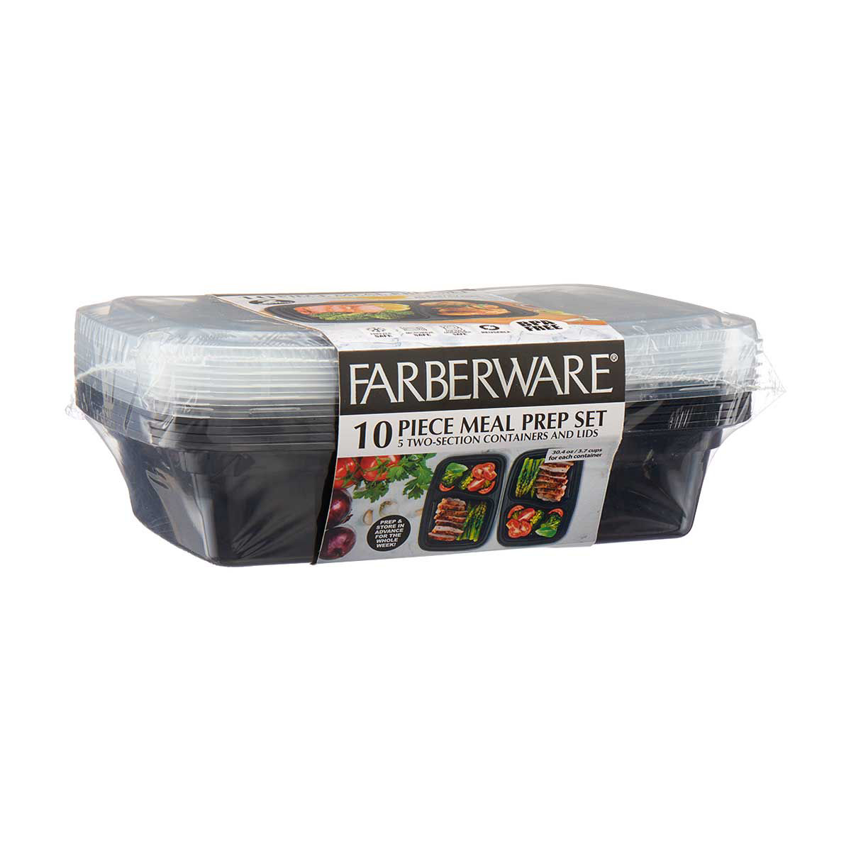Farberware Meal Prep Set, 10 sets, Rectangular 2 Compartment, 3.7 cup