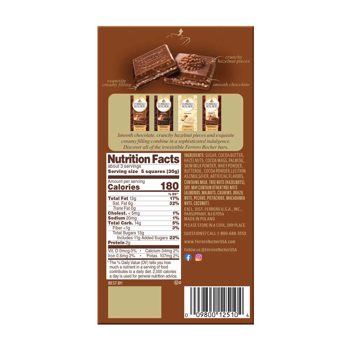 Ferrero Rocher Milk Hazelnut Milk Chocolate Bar, 3.1. oz | Hamilton Place