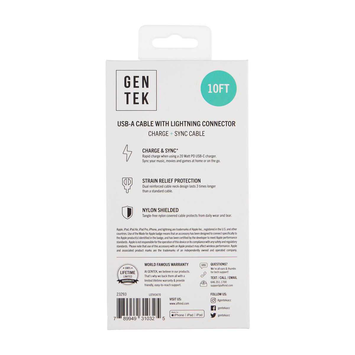 GENTEK USB-A to Lightning Phone Charger, Rainbow, 10 ft