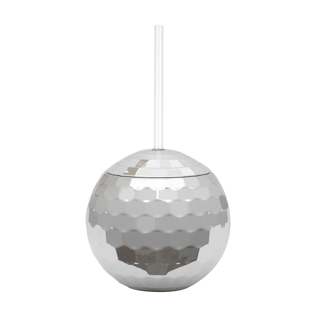 Silver Disco Ball Shaped Plastic Cup with Straw, 19.5 oz