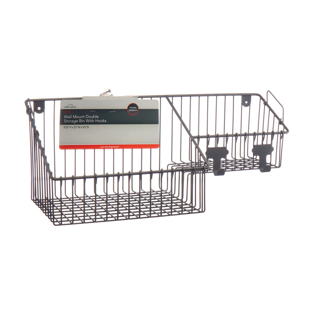 Spectrum Diversified Wall Mount Double Storage Bin with Hooks
