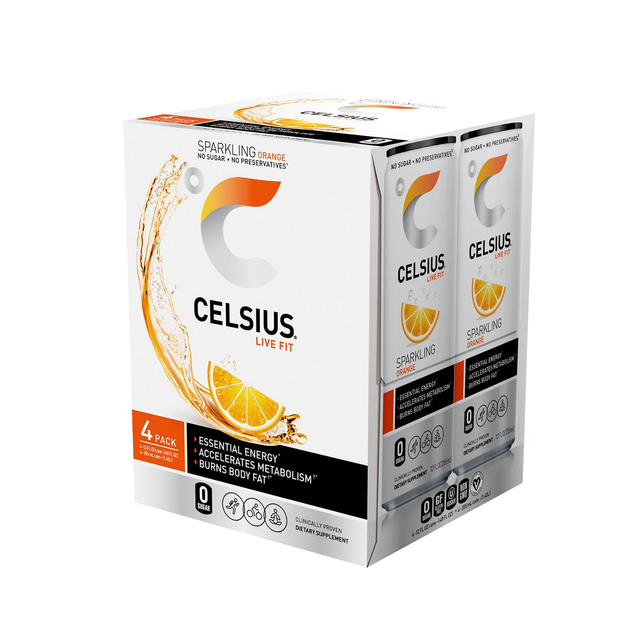 Celsius Sparkling Orange, Essential Energy Drink, 12 fl oz Can, Pack of 4