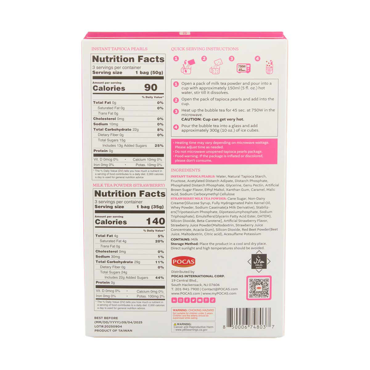 Pocas Taiwan Classic Instant Bubble Tea Kit, Strawberry, 8.9 oz