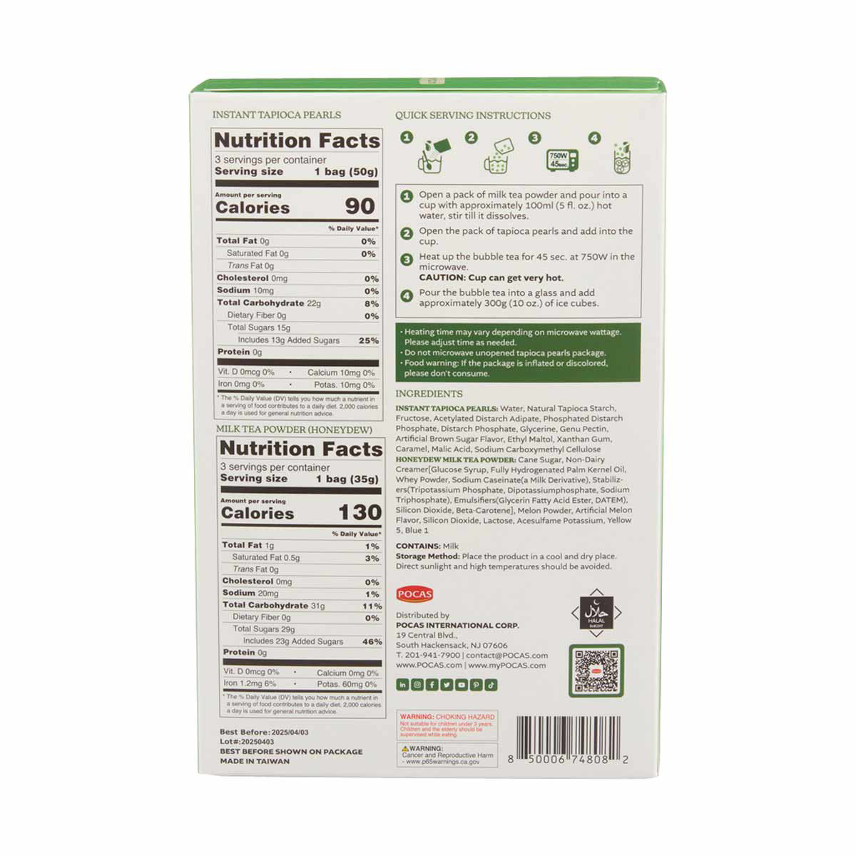 Pocas Taiwan Classic Instant Bubble Tea Kit, Honeydew, 8.9 oz