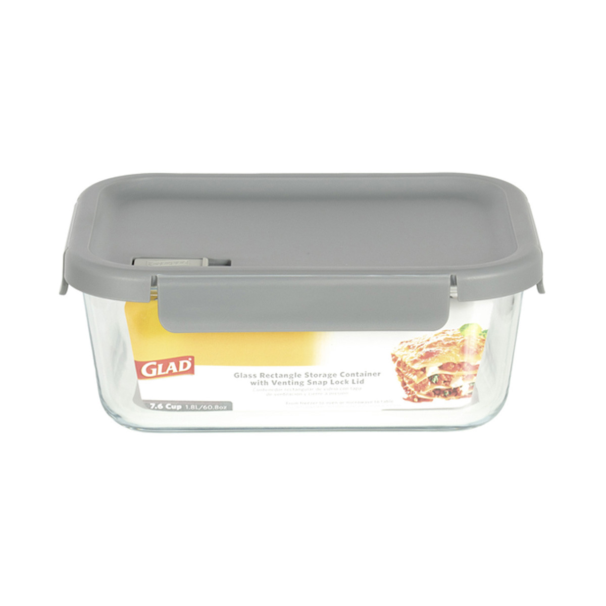 Glad Glass Rectangle Storage Container with Venting Snap Lock Lid, 7.6 cup