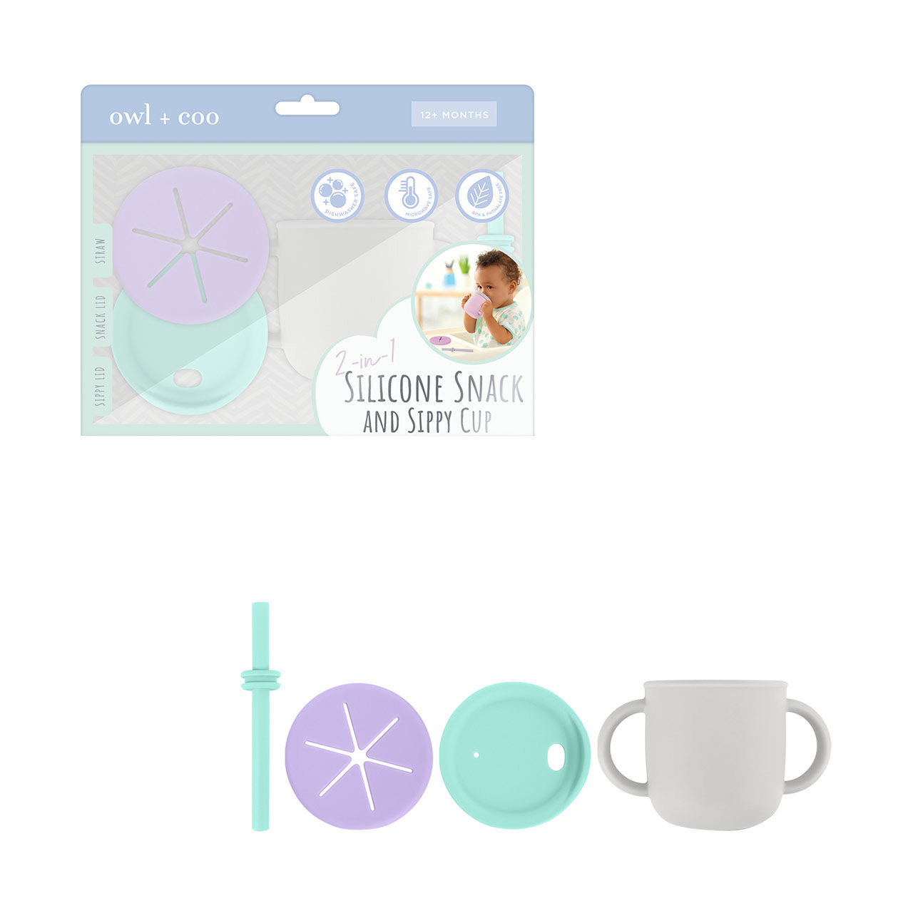 Owl & Coo Silicone Snack and Sippy Cup, 2 ct, Pastel