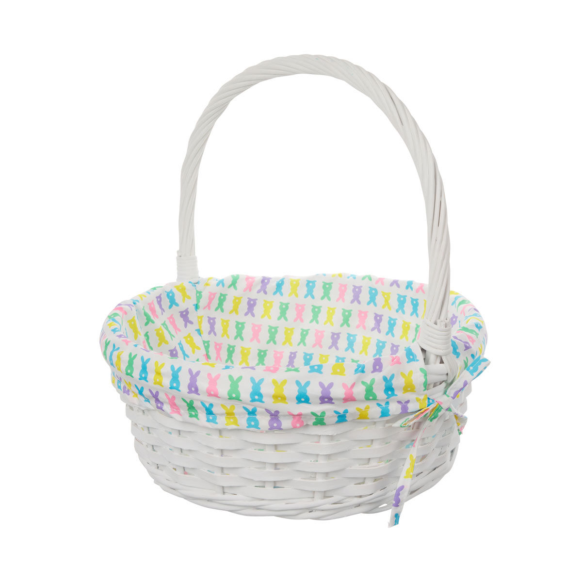 White Wicker Easter Basket with Bunny-Print Fabric Lining and Handle, Large