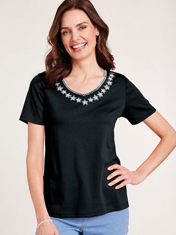 V-Neck Embroidered Knit Top - Blair